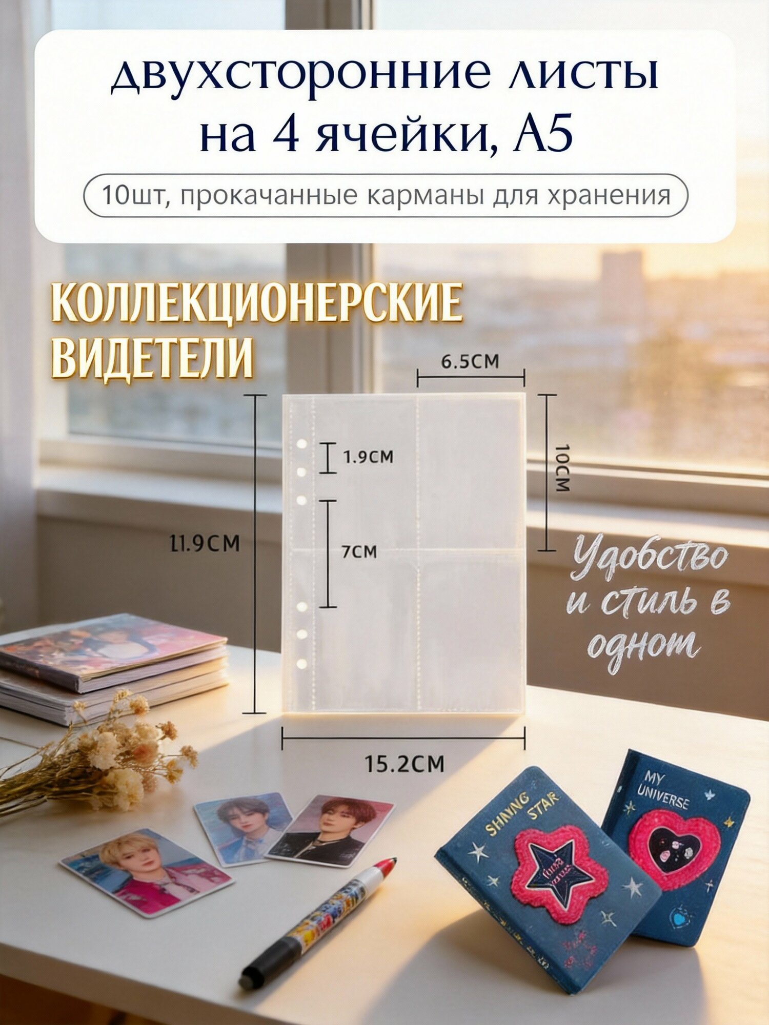 Двухсторонние листы для биндера А5, прозрачные карманы 4 ячейки на сторону, 10 штук для хранения k-pop фото, Instax mini и коллекционных карт