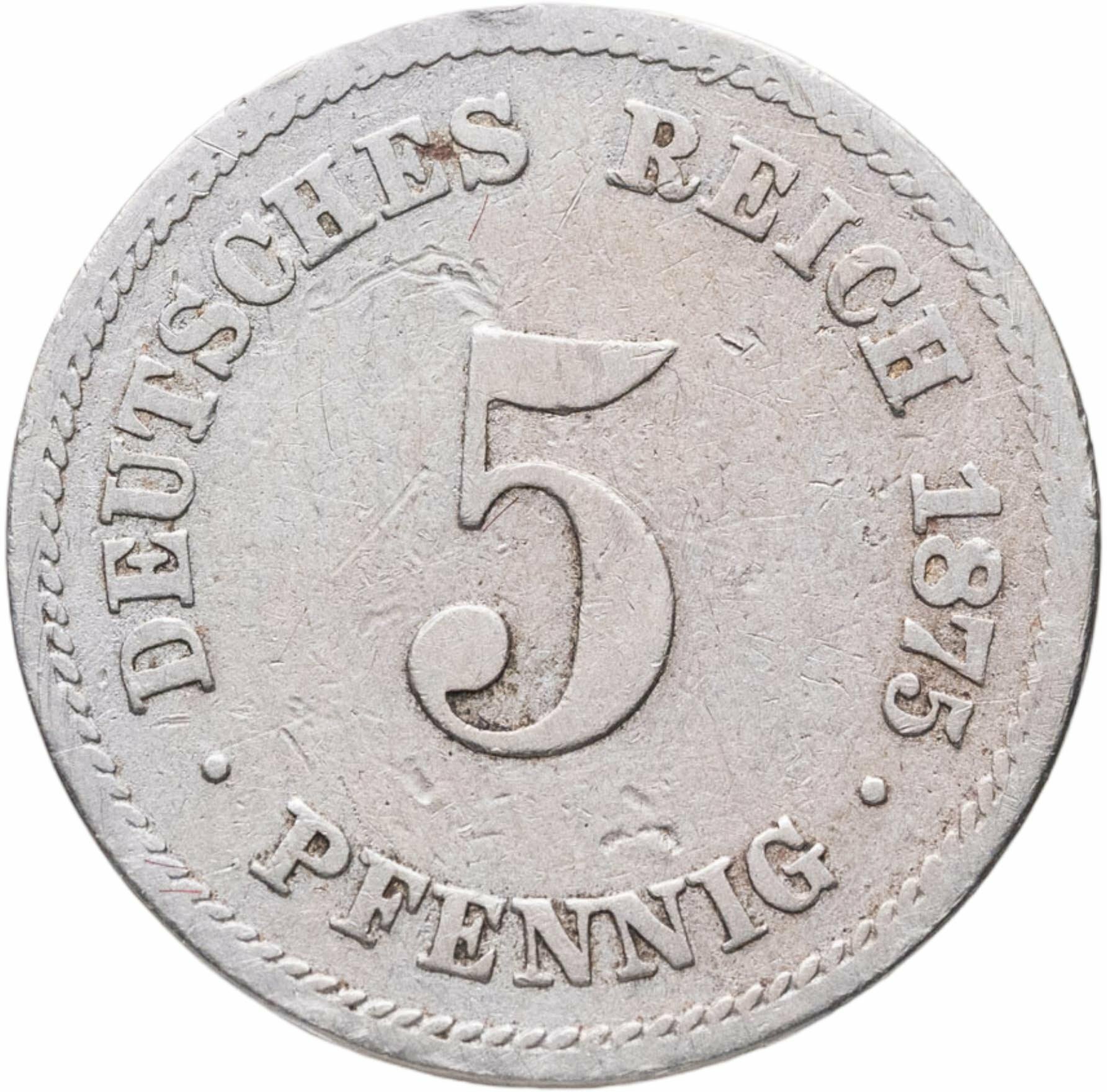 Германия 5 пфеннигов pfennig 1875 A знак монетного двора: "A" - Берлин, Мельхиор медь-никель, в сохранности VF