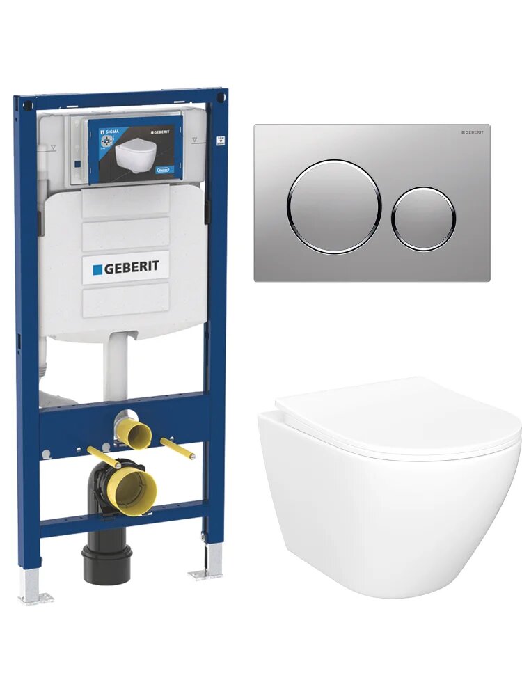 Комплект 4 в 1: Инсталляция Geberit Duofix UP 320 111.300.00.5 (111.950.00.6) / Унитаз подвесной STWORKI Кронборг S28401WH безободковый, с микролифтом / Комплект креплений, Кнопка Geberit Sigma 20 115.882. JQ.1, матовый хром, глянцевый хром