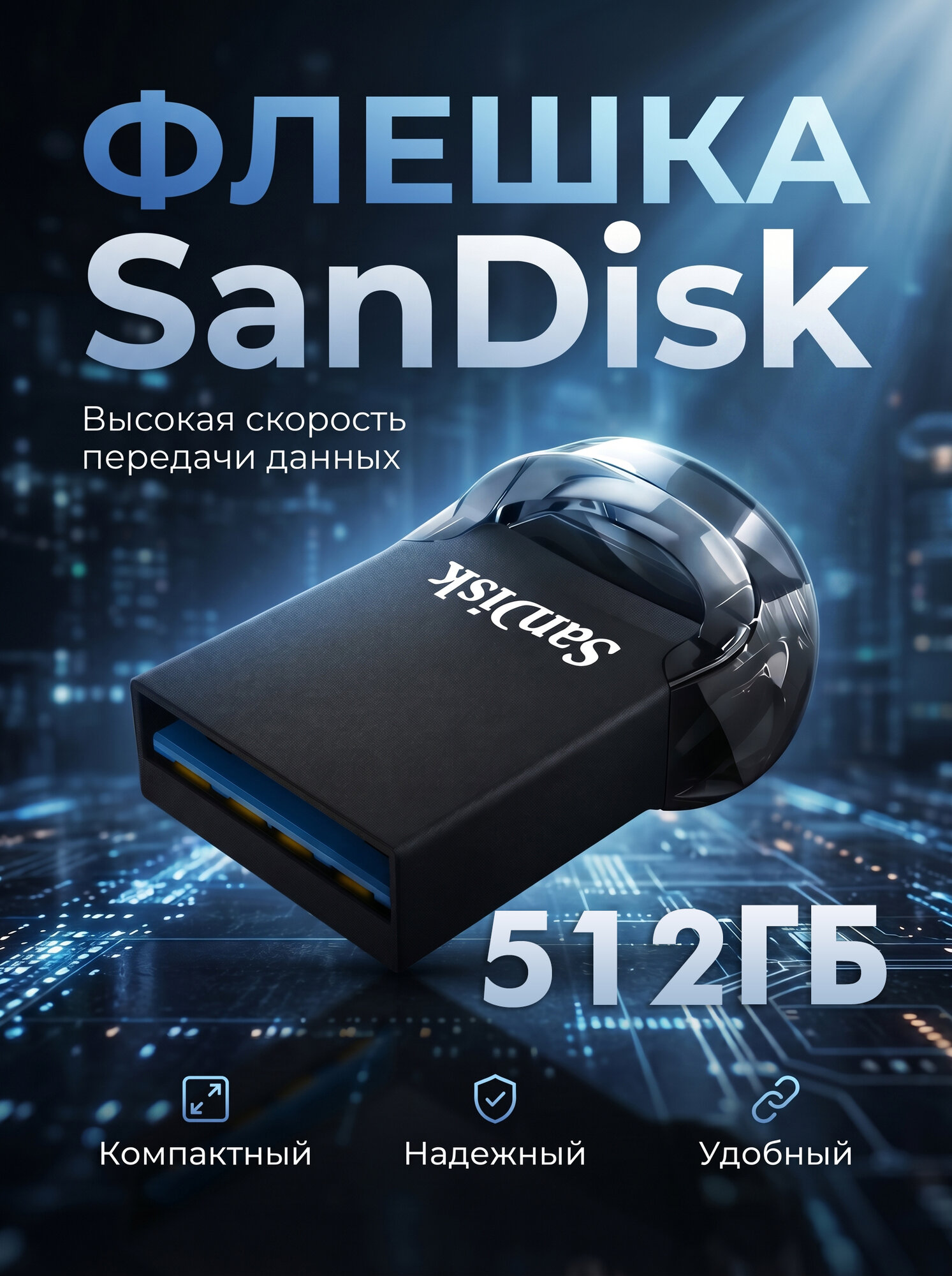 Флеш-накопитель SanDisk Ultra Fit USB 3.2, 512 ГБ, черный компактная