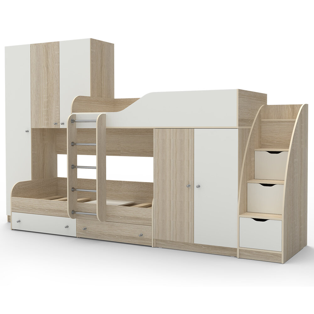 Двухъярусная кровать Лео с лестницей комодом Дуб Сонома Белый