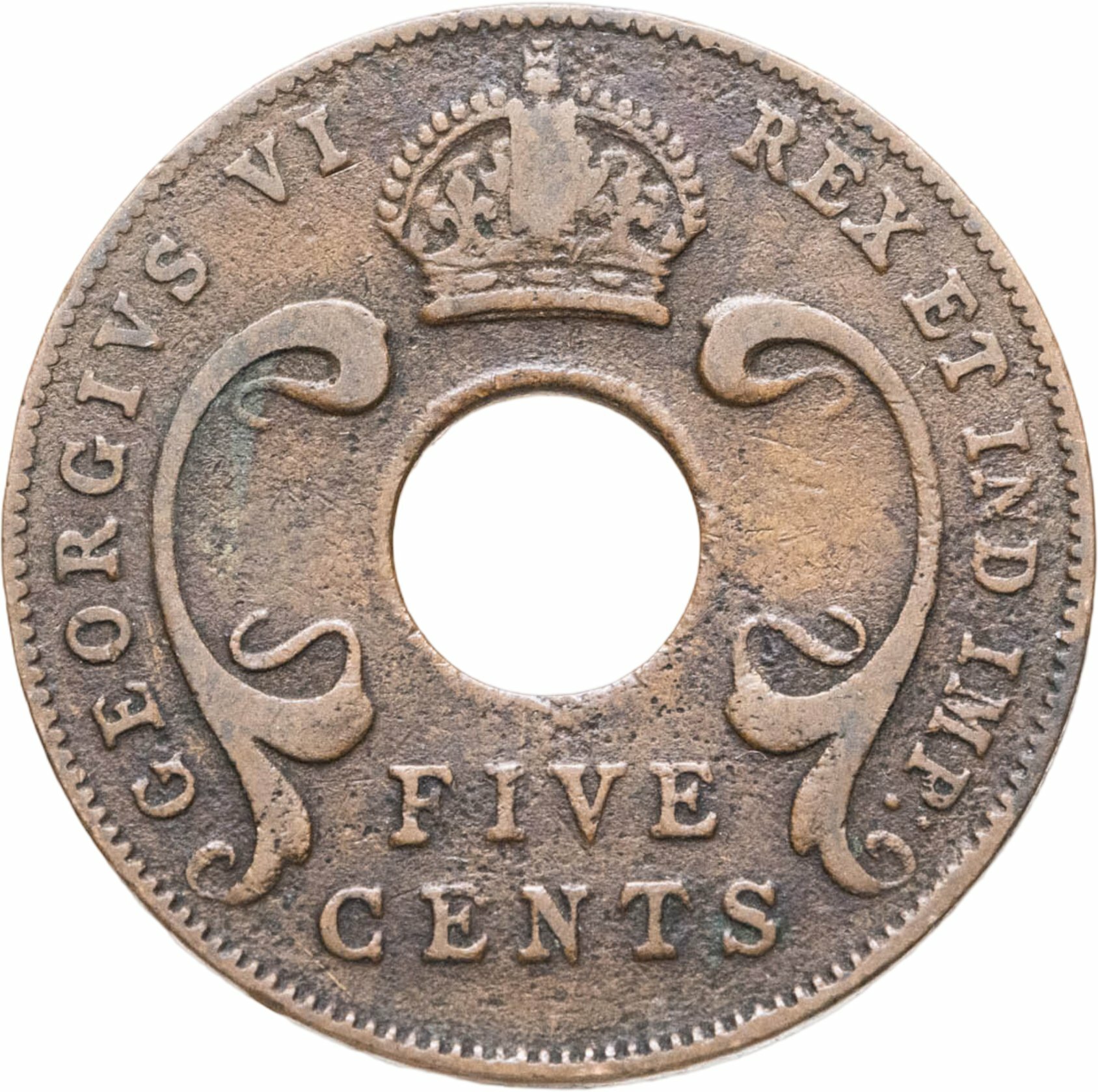 Британская Восточная Африка 5 центов cents 1941 Без отметки монетного двора, Бронза, в сохранности F-VF
