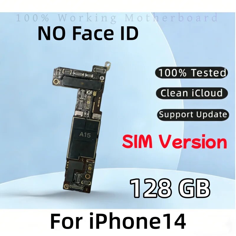 Проверенная материнская плата для iPhone 14 с Face ID, очищенная от iCloud, разблокированная, 128 ГБ/256 ГБ, версия E-SIM/SIM