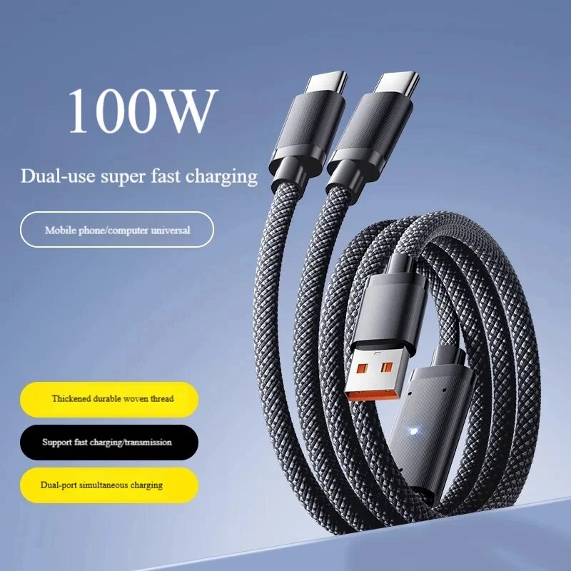 Кабель для быстрой зарядки 2-в-1 с двумя портами Type-C, 100 Вт, USB на 2 Type-C, для iPhone 1,2 м