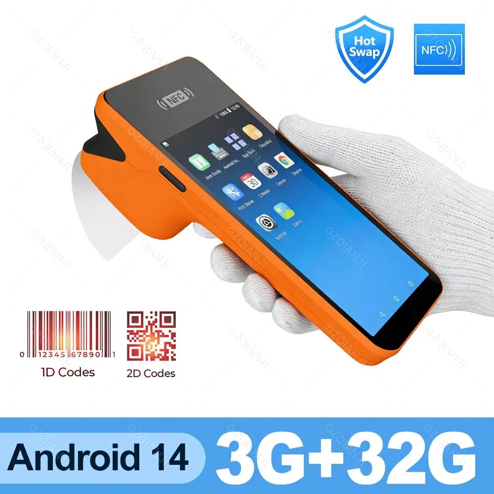 Терминал POS GZQIANJI Android 14 с термопринтером Европейская вилка (EU Plug), 3G32G-NFC-2D Scanner