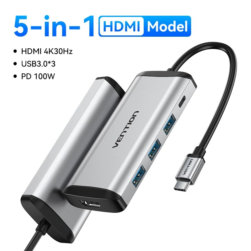 Vention USB-C концентратор 5-в-1 HDMI 4K 30Hz, PD 100W