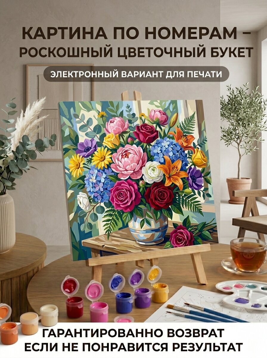 Картина по номерам "Роскошный цветочный букет", на холсте, PDF-инструкция