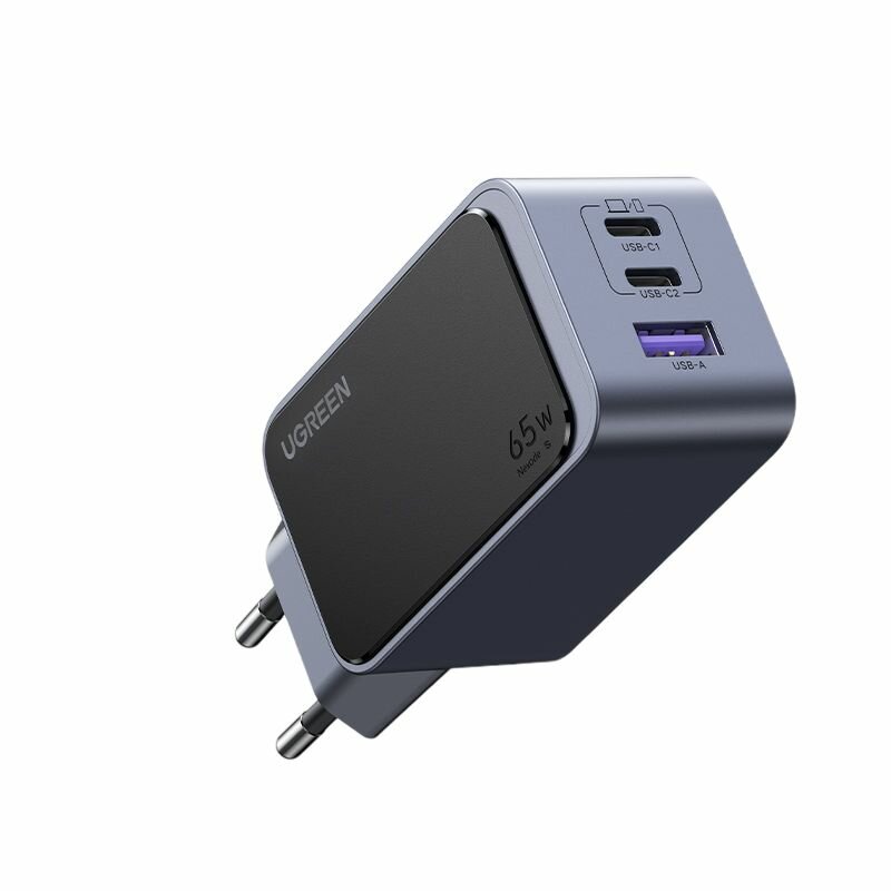 Ugreen X553 Сетевое зарядное устройство, USB 2.0 Type-A, USB Type-C, быстрая зарядка, 65 Вт, без кабеля, 35042, серый