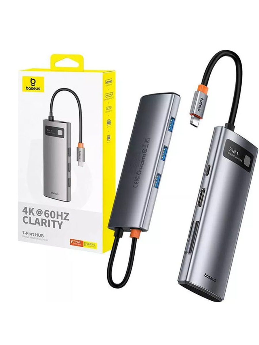 Хаб Baseus "Metal Gleam", 7 портов, HDMI, USB 3.0, кардридер, 17см кабель