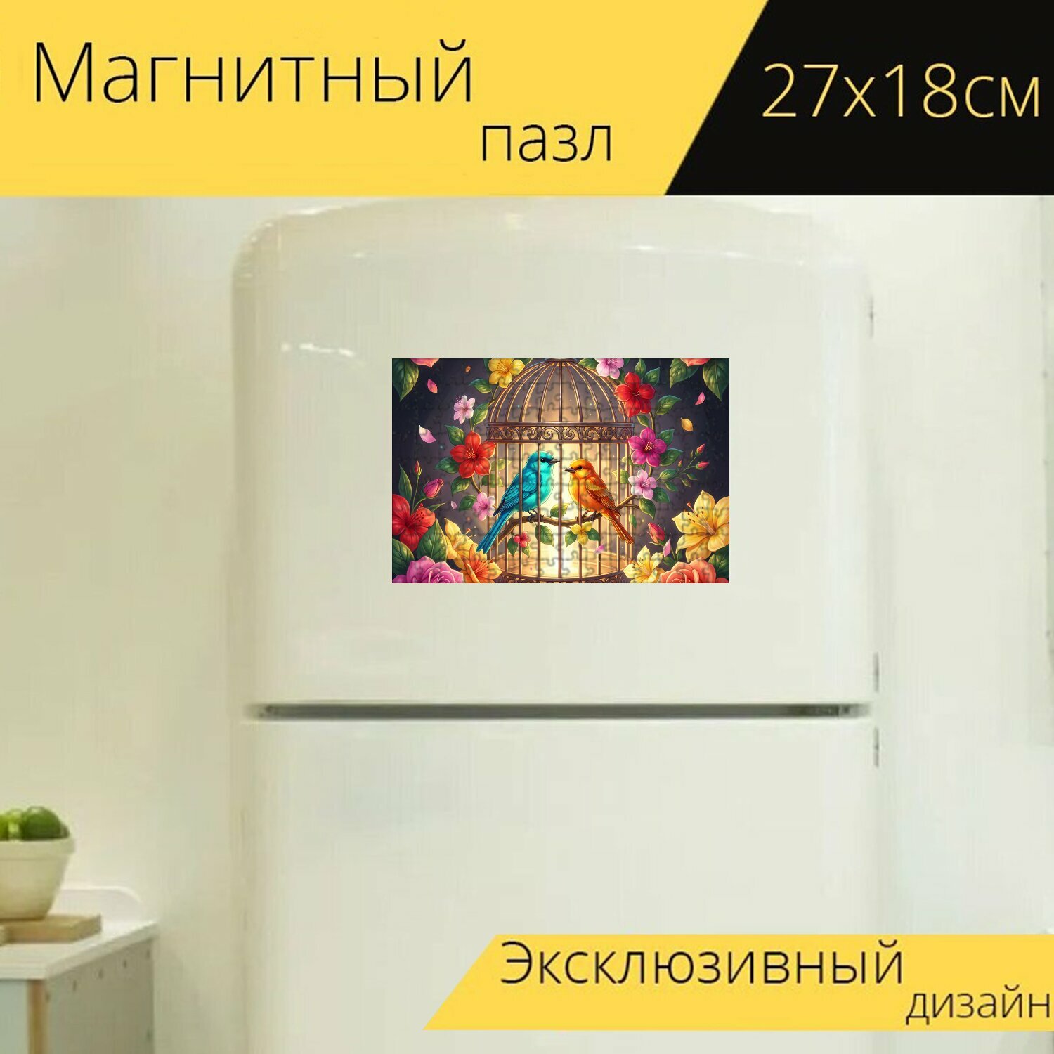Магнитный пазл "Птицы в светящейся клетке. Яркая сказочная композиция с двумя разноцветными певчими птицами среди тропических цветов, мягкое сияние." на холодильник 27 x 18 см.