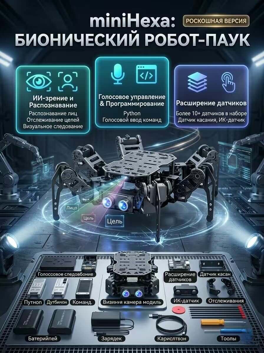 Бионический робот паук miniHexa на ESP32 с распознаванием объектов и поддержкой Arduino