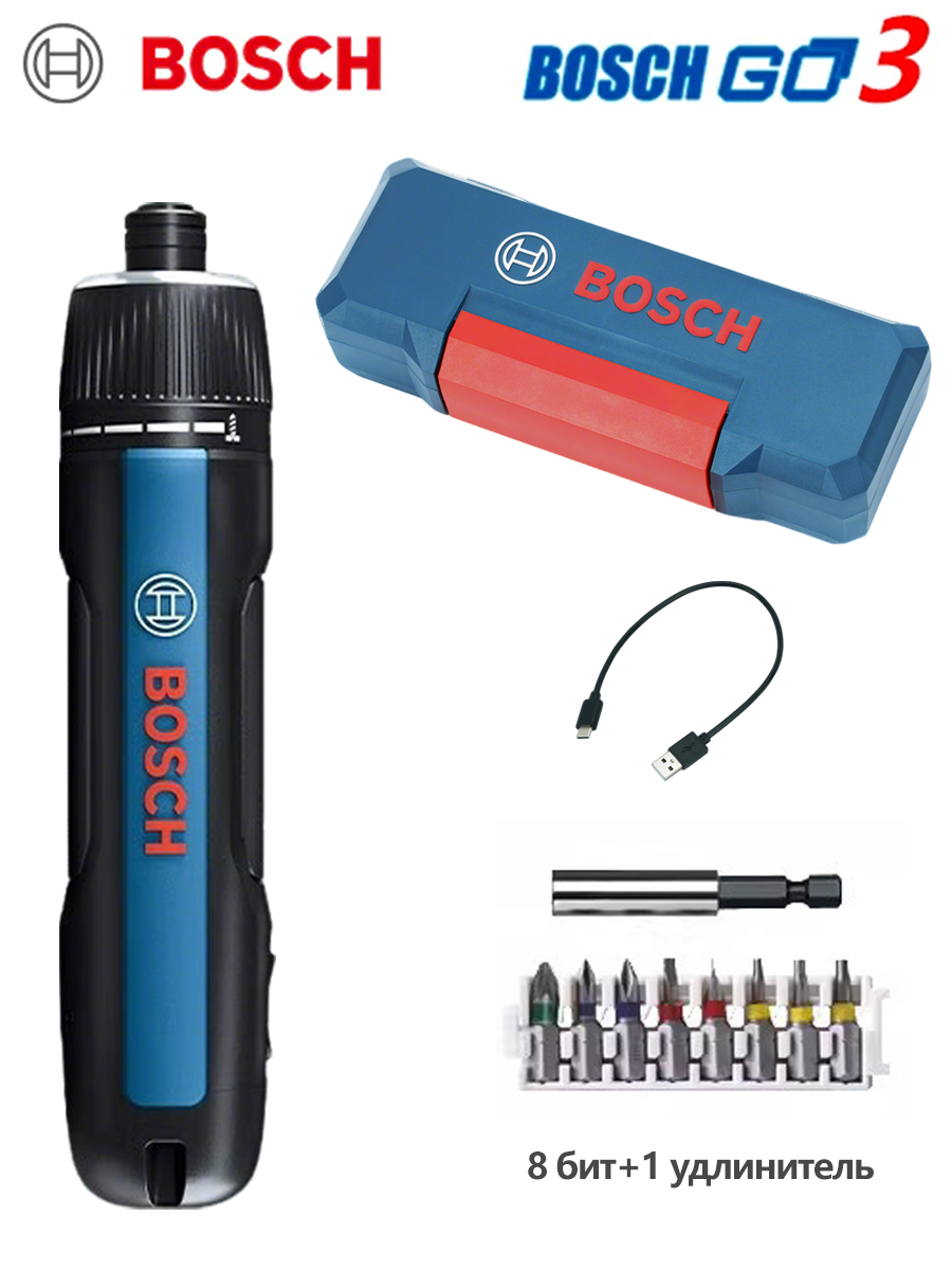 Аккумуляторная отвертка Bosch GO3, 3.6 В, 2 Ач, 0.1-5 Нм, 7+1 ступеней, толкательный пуск, Type-C, 8 бит