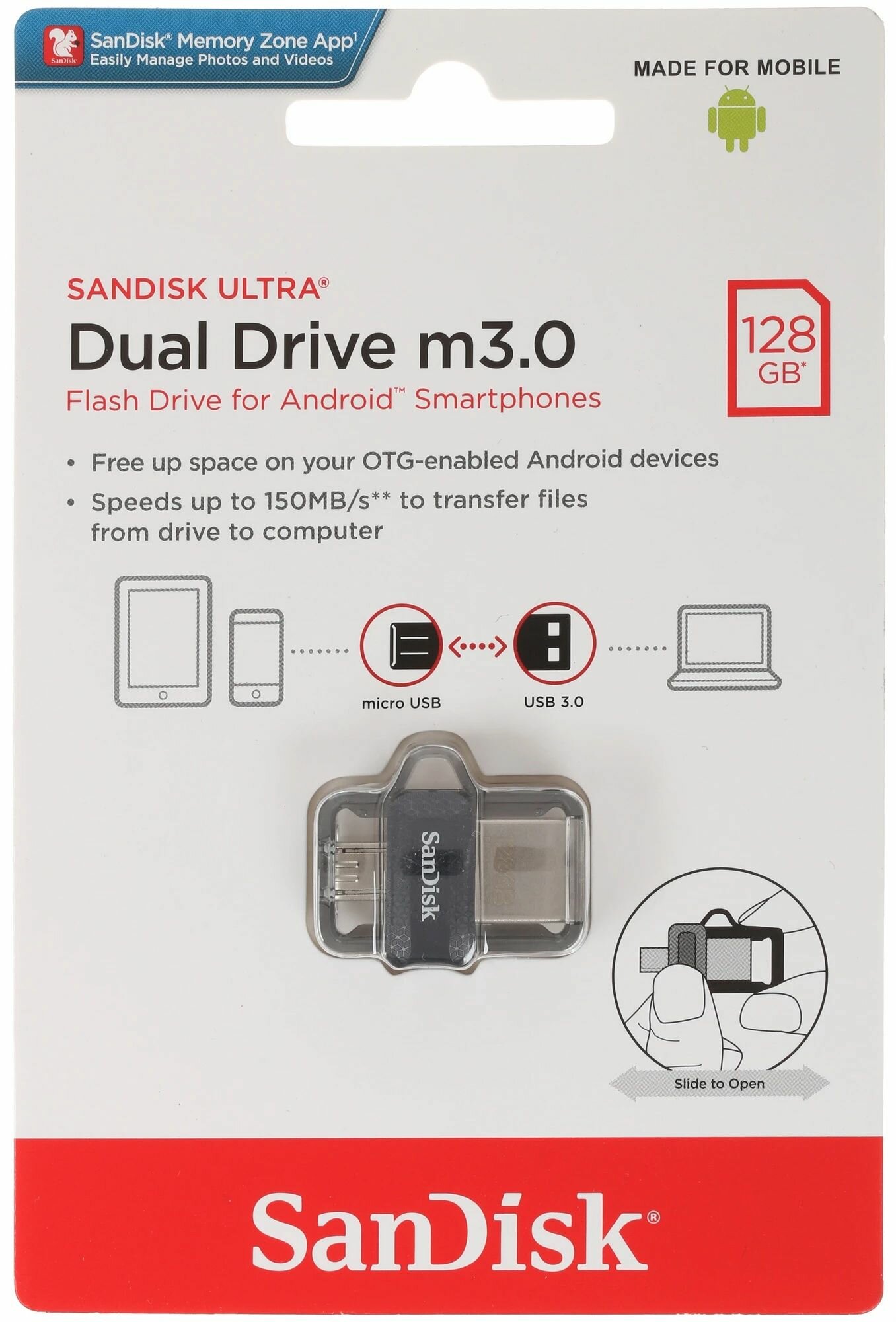 Память USB Flash 128 ГБ SANDISK Ultra Dual m3.0 (SDDD3-128G-G46) - USB3.2, чтение до - 150 МБ/с