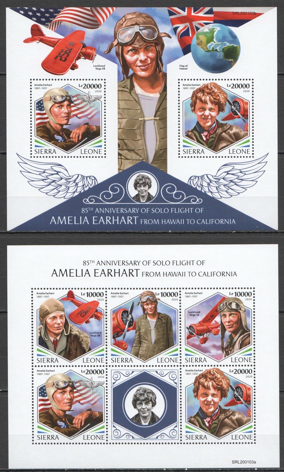 Марки 2020 год Сьерра-Леоне Амелия Эрхарт Авиация Одиночный полет #12086-12090+BL1906 MNH
