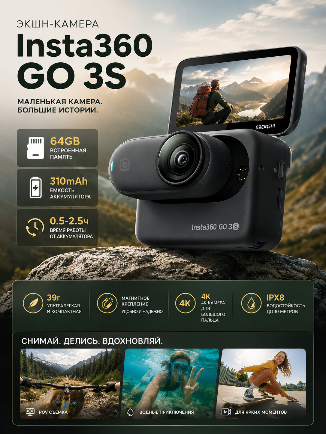 Экшн-камера Insta360 GO 3S 64GB Black — 4K, водонепроницаемая, сенсорный дисплей, мини камера для спорта и блогов