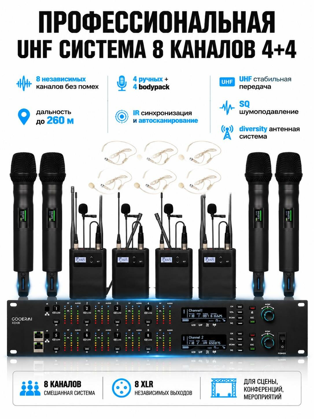 GOOERMI XD08（4 ручных + 4 поясных）UHF беспроводная микрофонная система 8 каналов｜для сцены, мероприятий и обучения