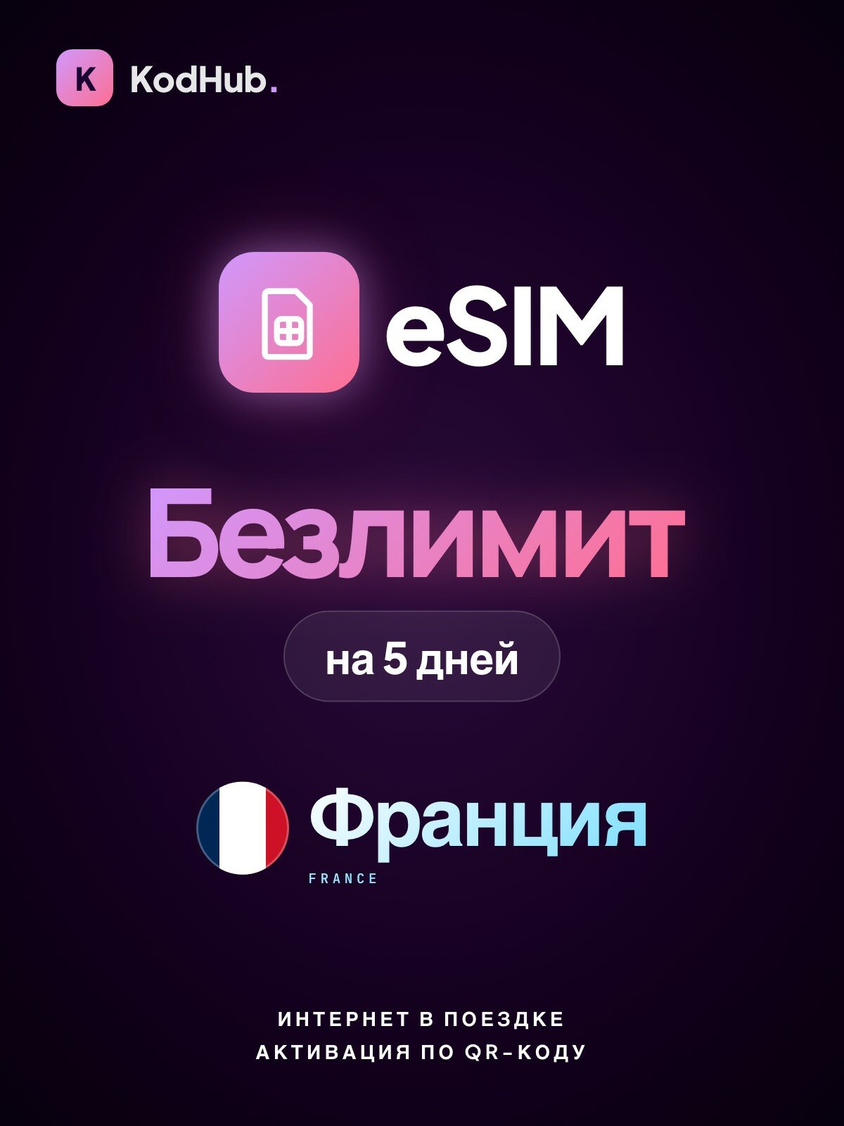 Туристическая eSIM Франция безлимит на 5 дней | интернет в поездке, связь за границей | QR-код активации