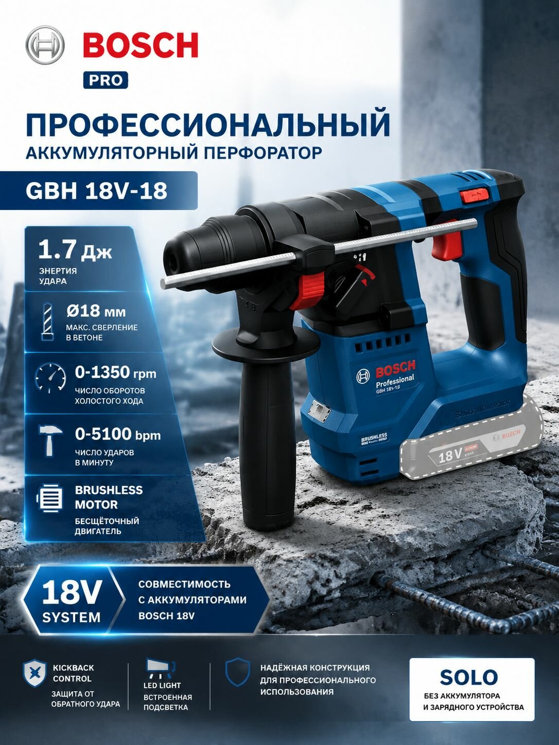 Профессиональная бесщеточная перфораторная ударная дрель Bosch GBH 18V-18 SDS PLUS 18 В, аккумуляторная электрическая кирка по бетону, соло,0 АКБ