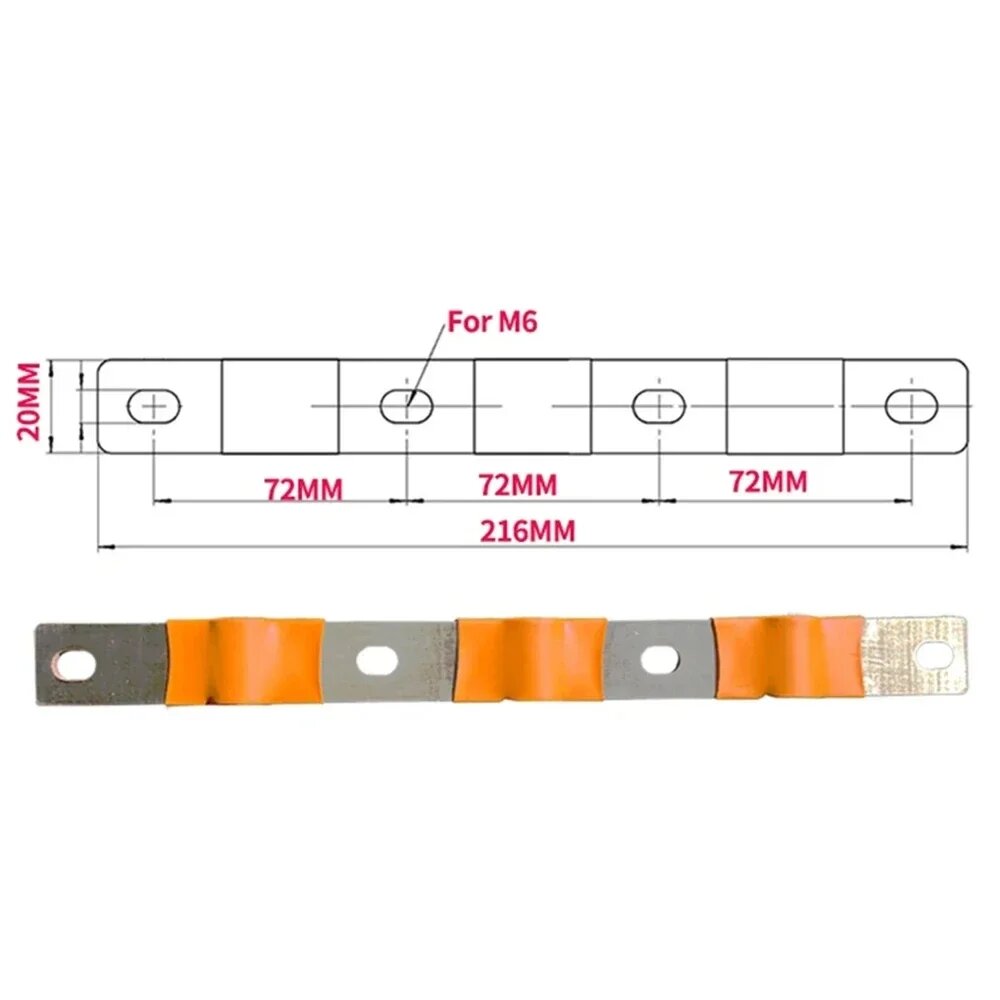 Медная гибкая токопроводящая шина 200А 300А для аккумуляторов 7PCS, 72MM M6 2P
