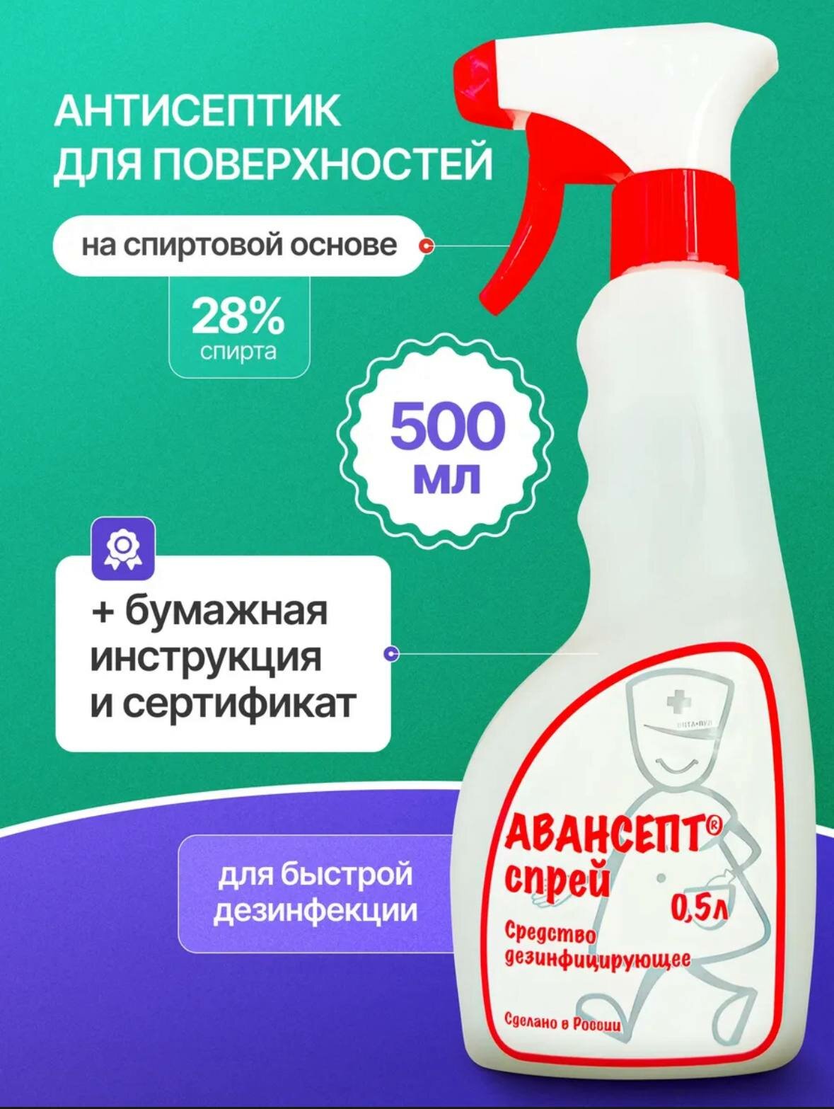 Дезинфицирующее средство 0,5 л. для поверхности авансепт спрей