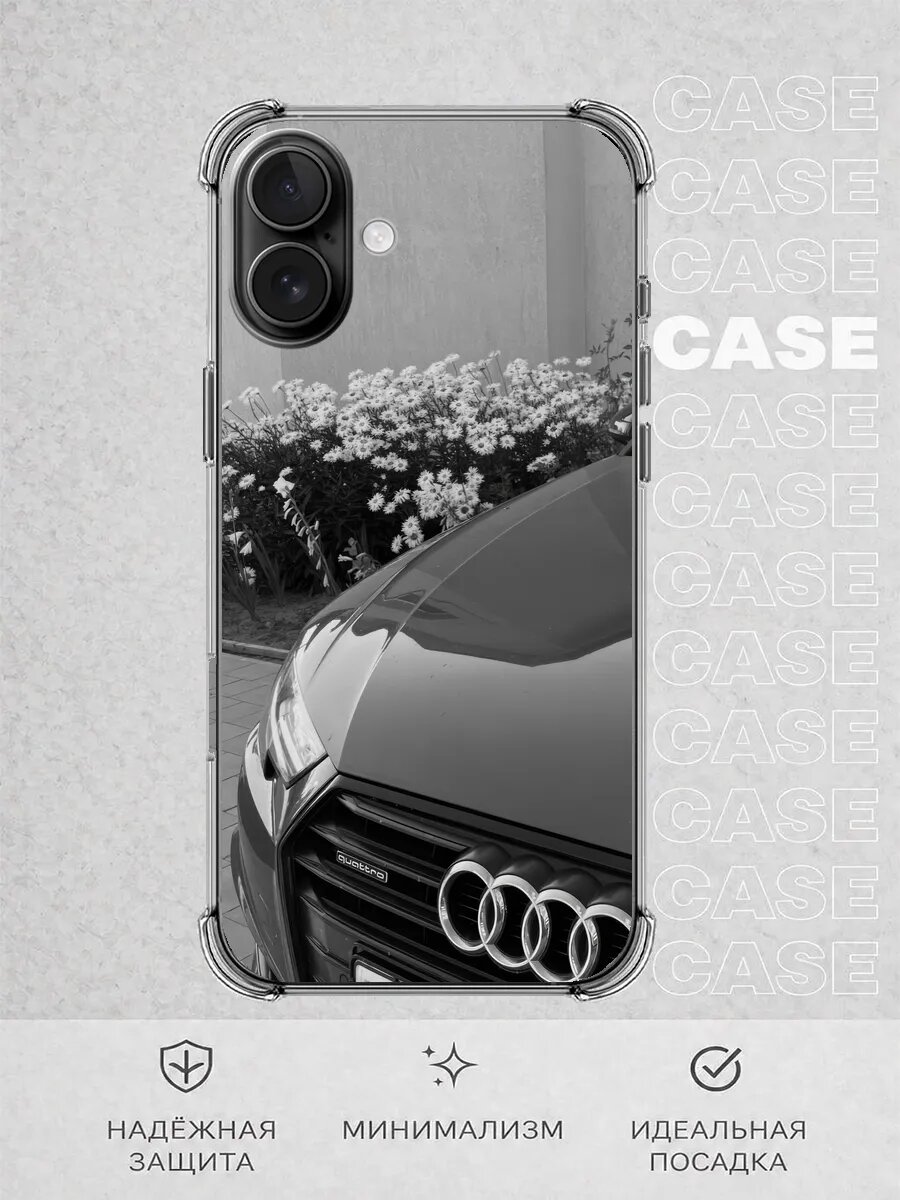 Чехол на iPhone 16 с принтом Audi на фоне цветов
