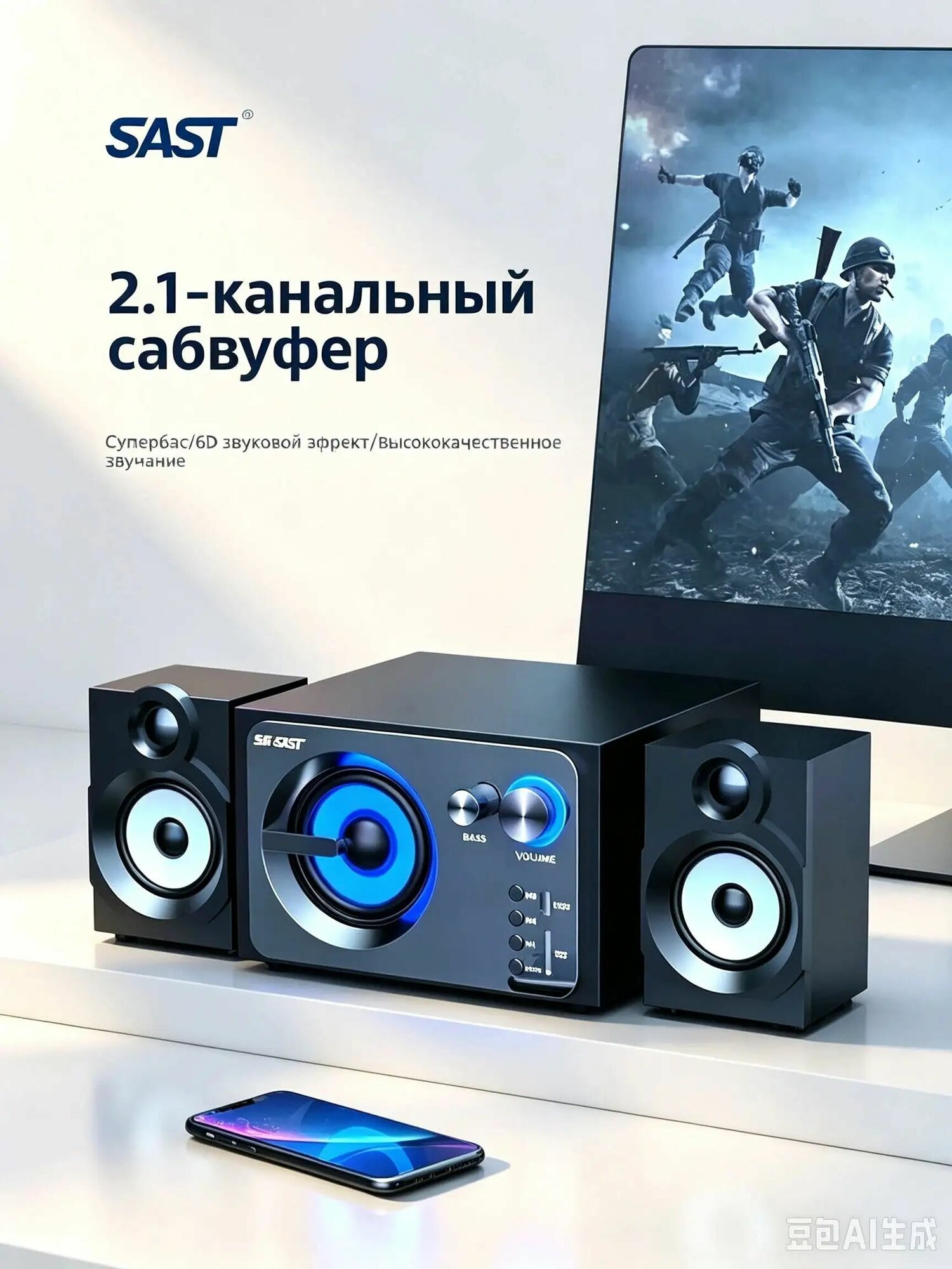 Музыкальный центр SAST 60 Вт, 2.1 аудиосистема, сабвуфер 4 дюйма, Bluetooth 5.3, AUX, USB, SD, светодиодная подсветка-