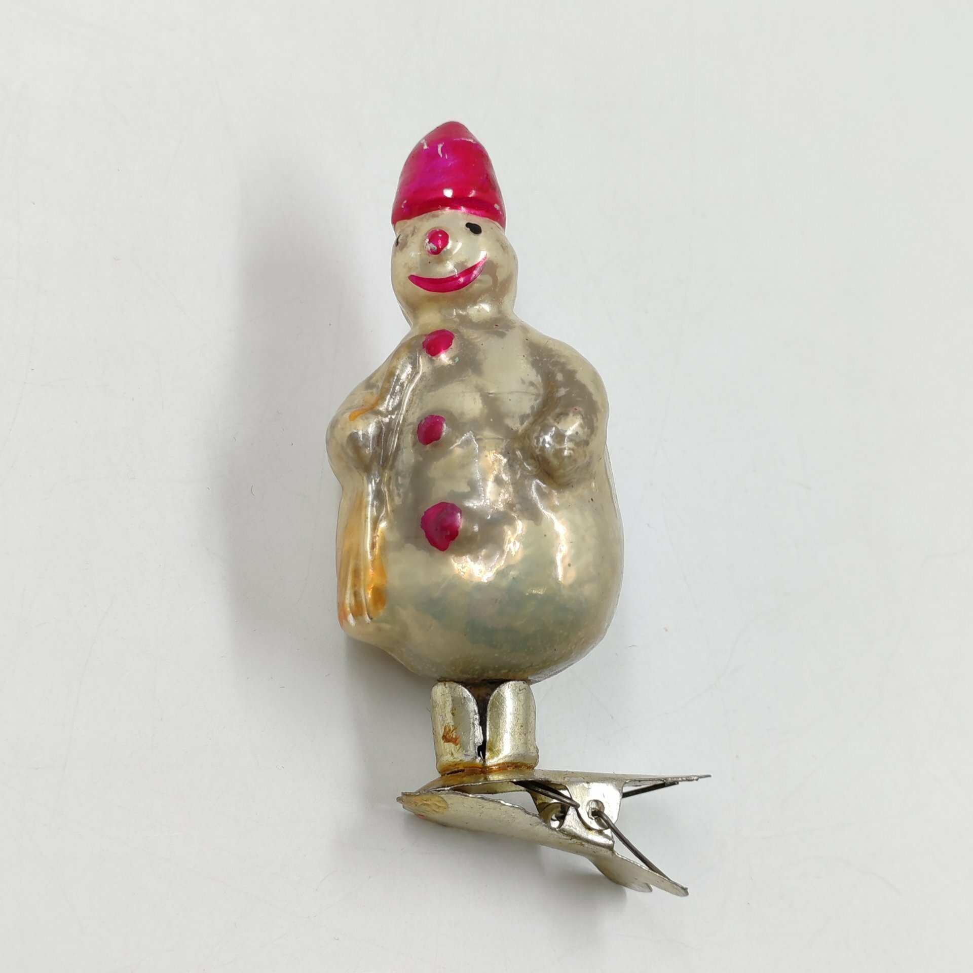 Игрушка ёлочная "Снеговик" из набора "Зима", стекло, роспись, металл, СССР, 1950-1970 гг.
