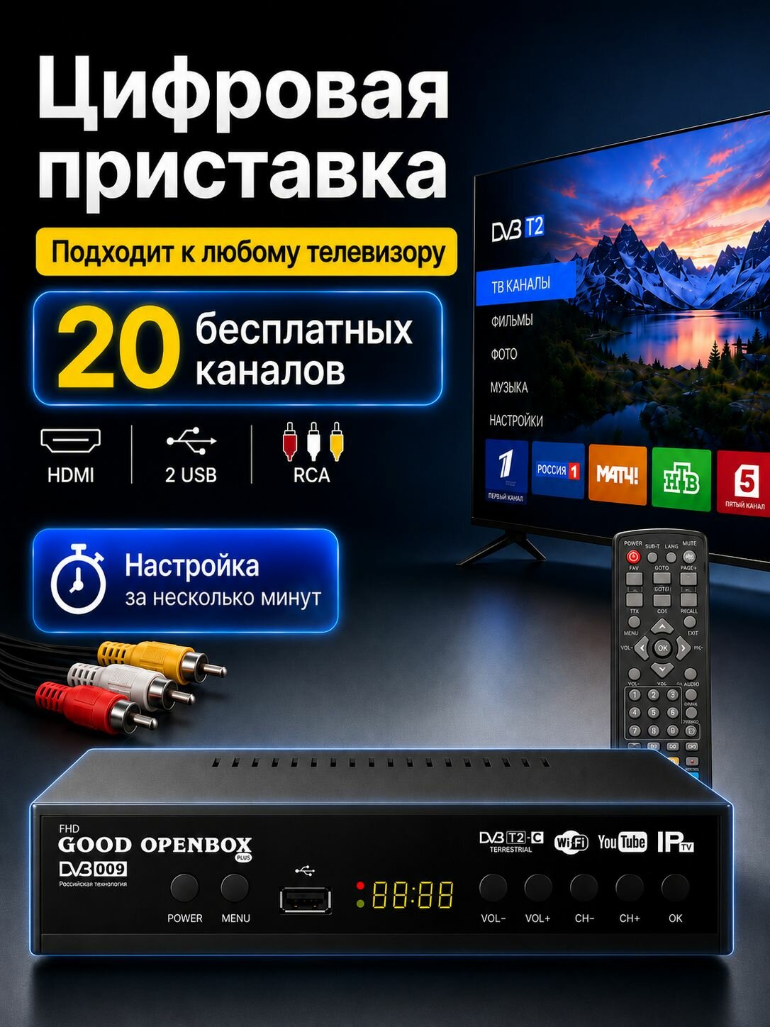 Цифровая приставка для телевизора на 20 каналов, DVB-T2 ресивер, ТВ-тюнер, медиаплеер