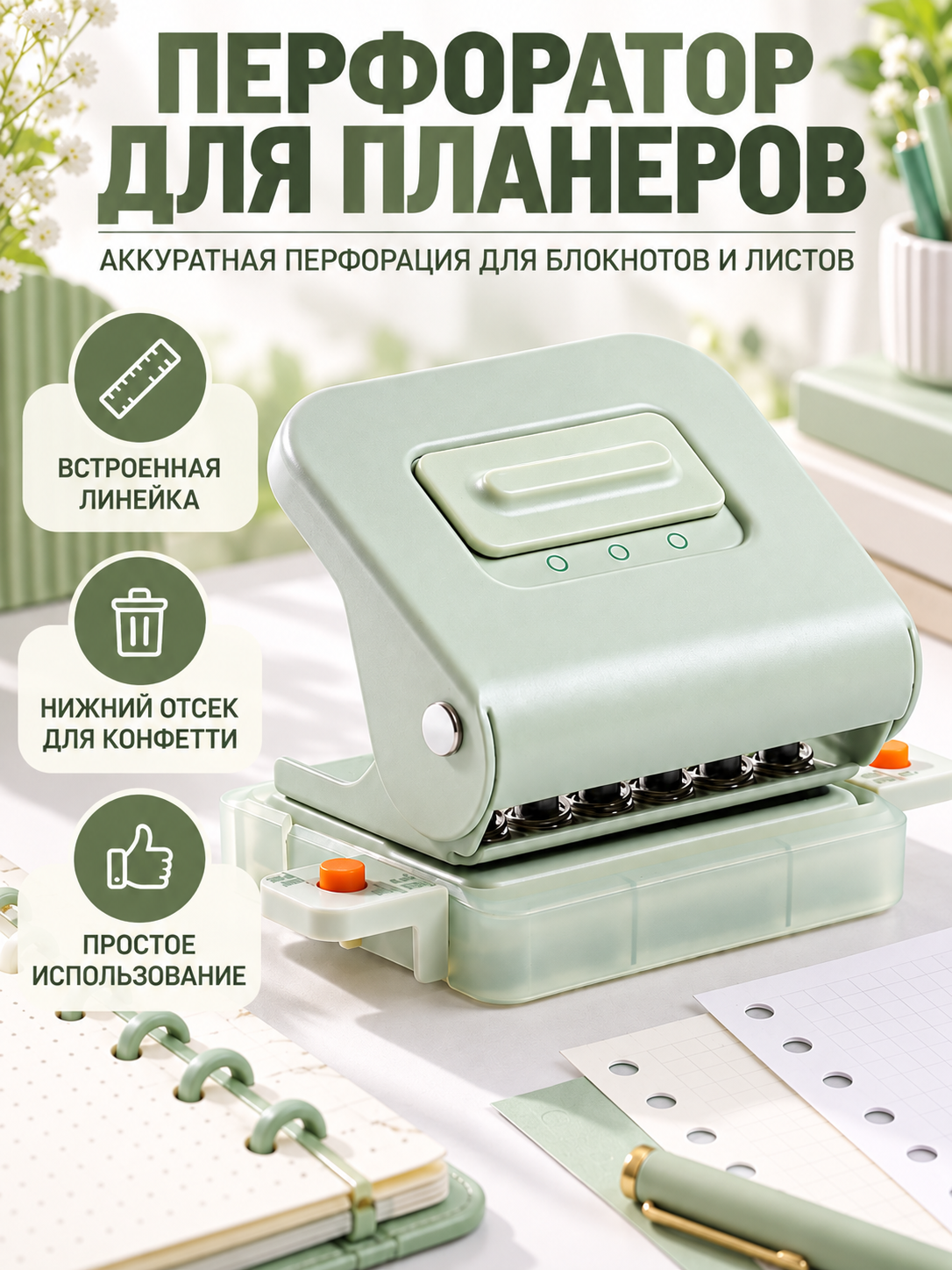 Перфоратор для планеров простой в эксплуатации зеленый, с лотком для обрезков и линейкой, используется для пробивки отверстий при изготовлении планеров и блокнотов