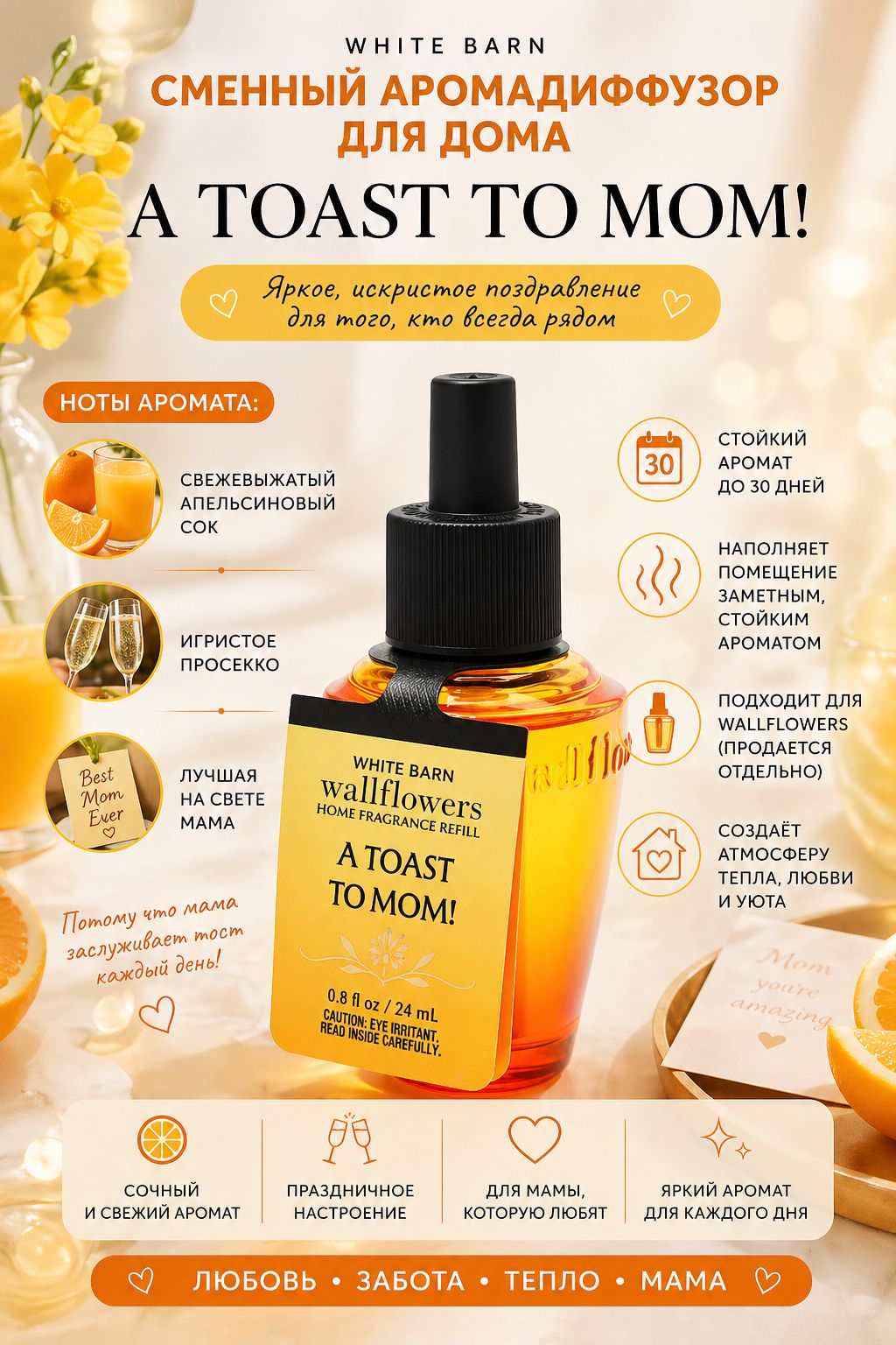 Сменный аромадиффузор для дома White Barn A Toast to Mom, refill для Wallflowers, апельсин просекко, сладкий свежий аромат, 24 мл
