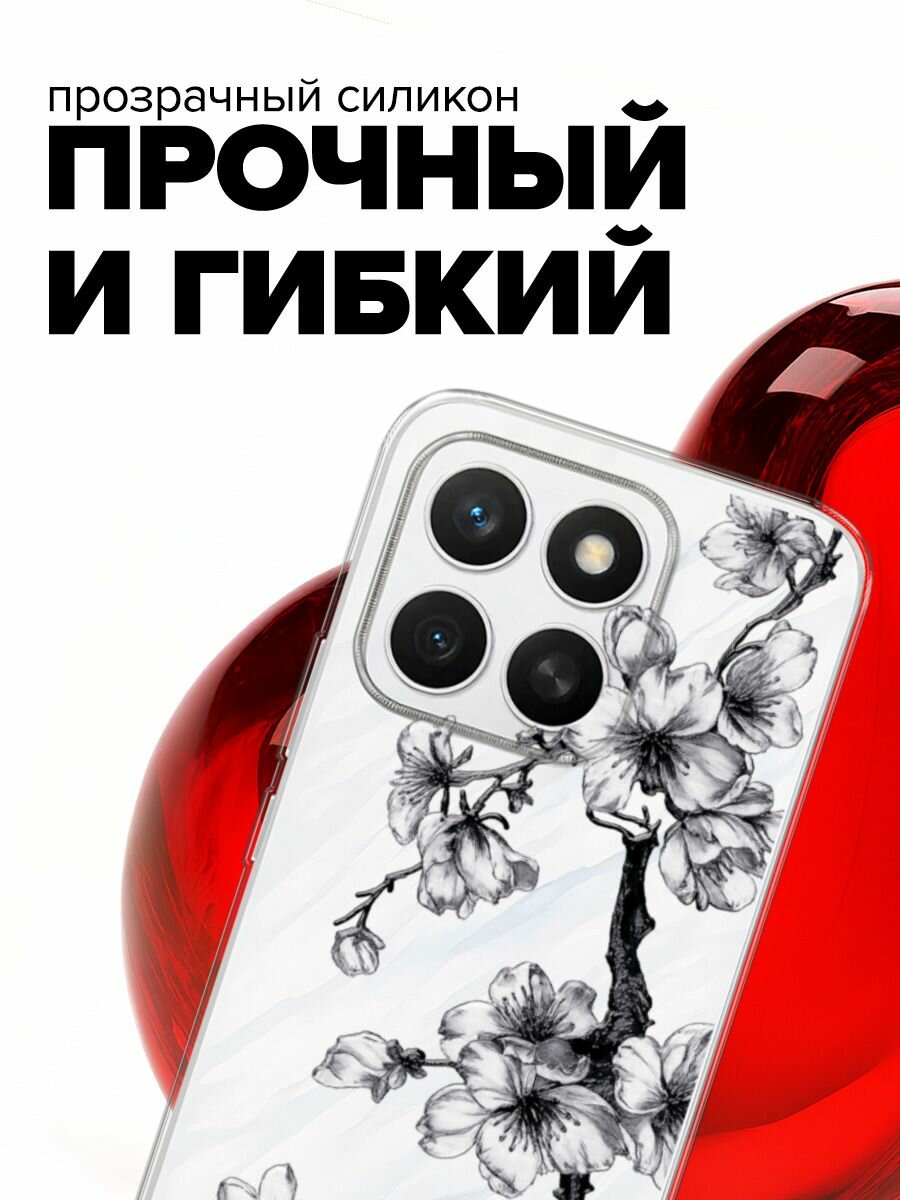 Силиконовый чехол на Honor X8c / Хонор X8c с принтом Ветка сакуры серая — фото 1