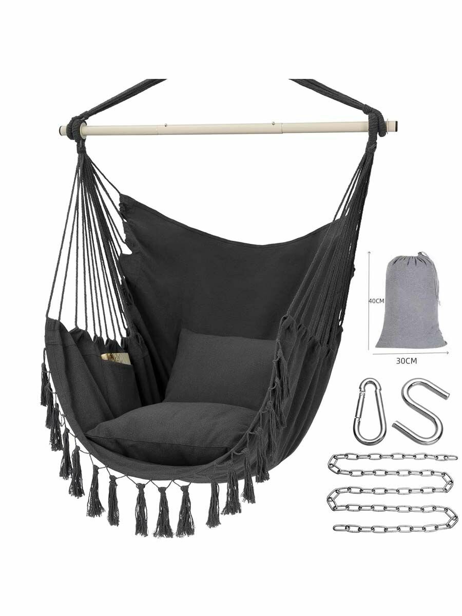 Подвесное кресло-гамак макраме, до 226 кг, с 2 подушками, карманом и сумкой, хлопковое, тёмно-серое