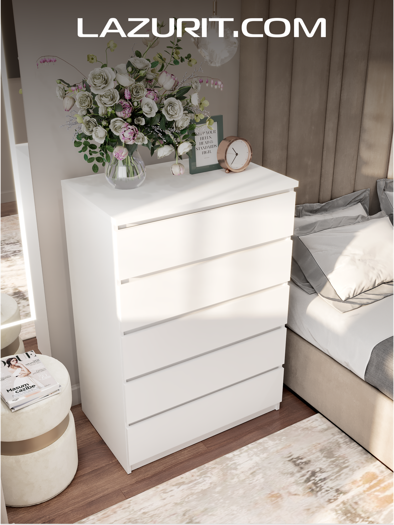 Комод для одежды большой белый Lazurit Ketrin высокий с ящиками под телевизор в спальню прихожую детскую 79х51х113 см