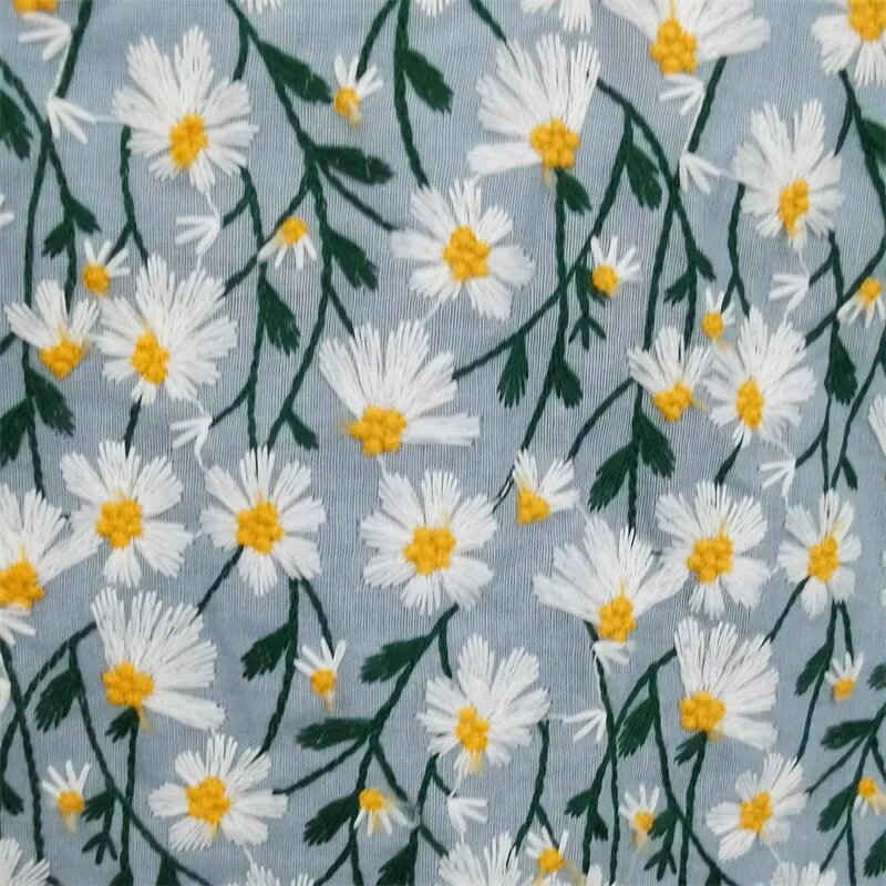 Льняная хлопковая ткань с вышивкой ромашек 45cmX120cm (0.5yard), 7