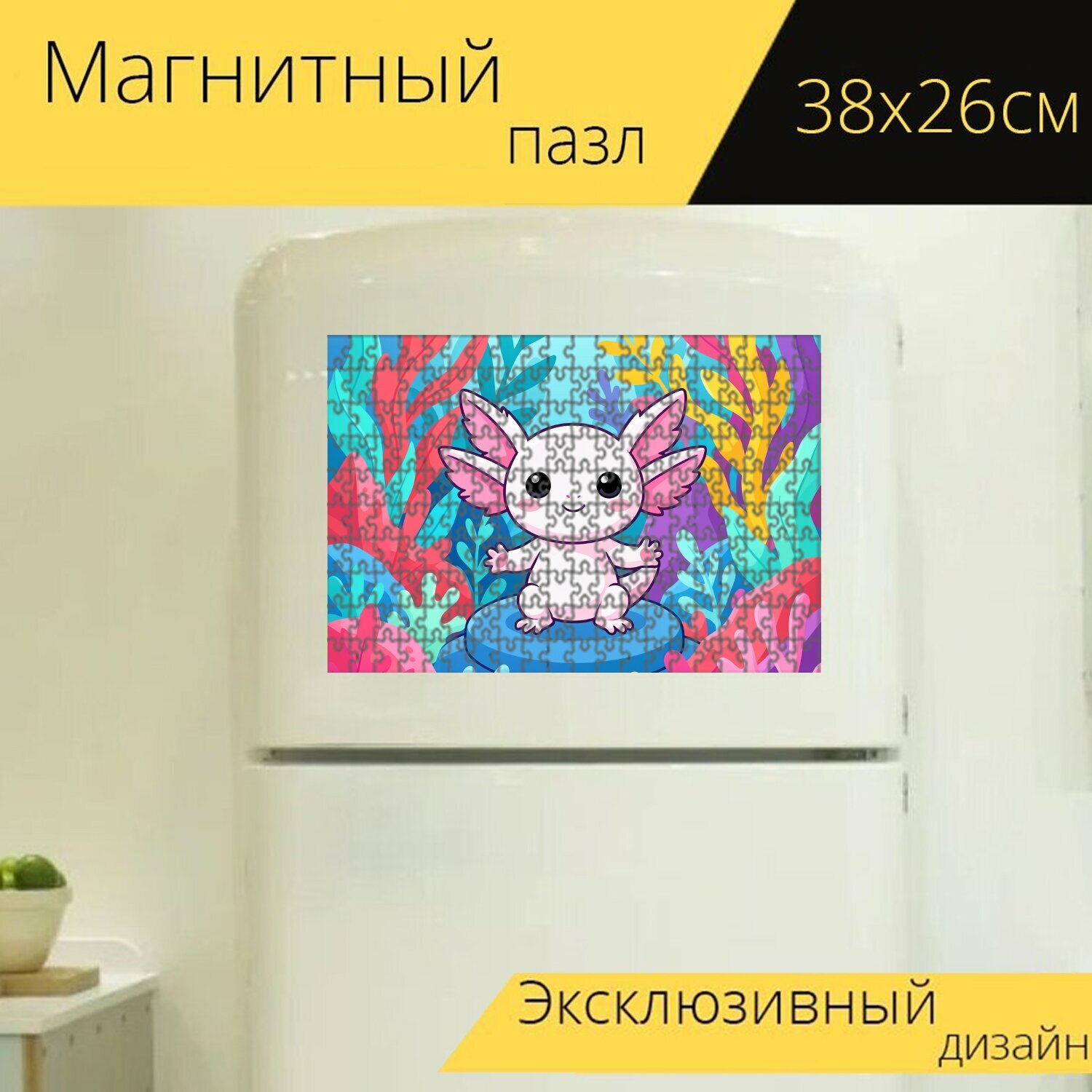 Магнитный пазл "Милый аксолотль среди кораллов. Очаровательный мультяшный аксолотль на голубом постаменте в окружении ярких подводных растений. Неоновая." для интерьера, 38х26 см.
