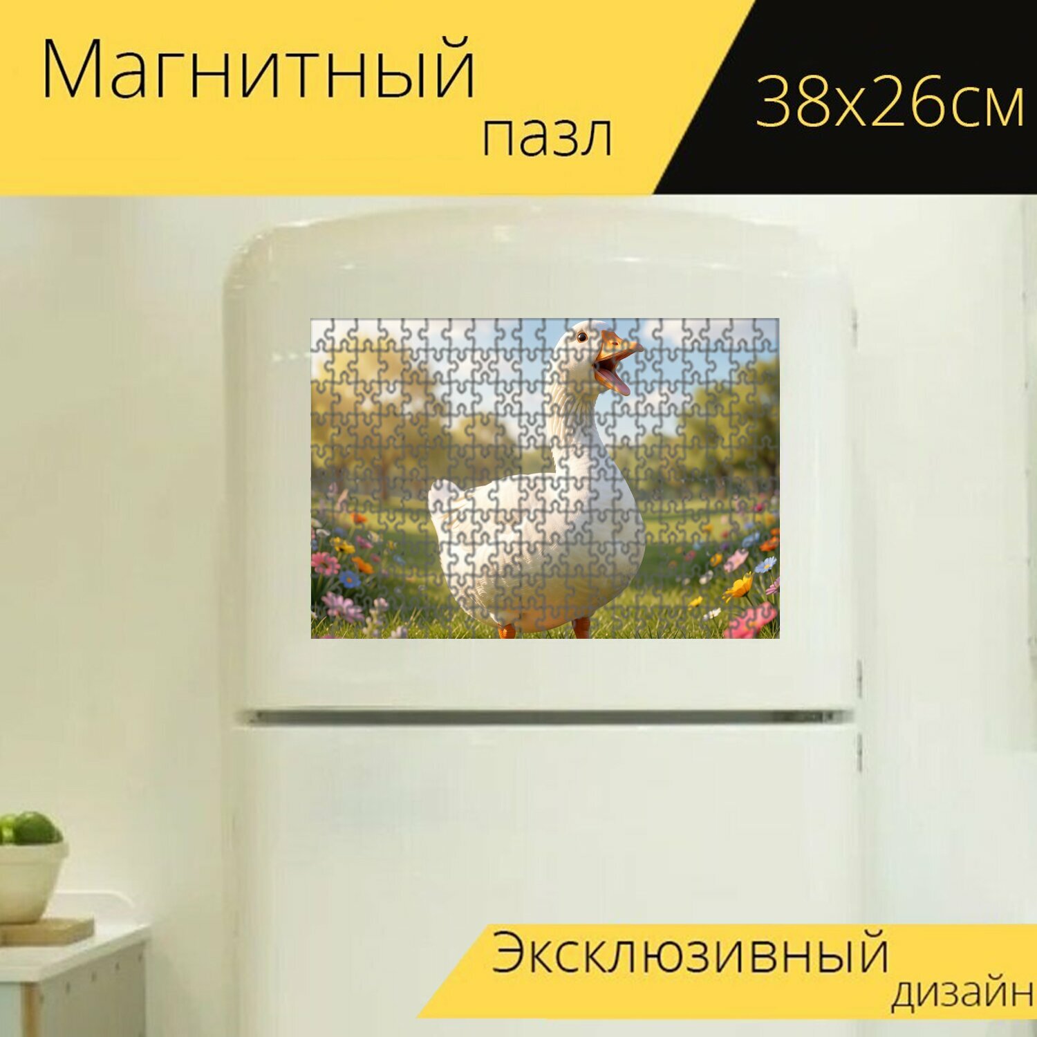 Магнитный пазл "Весёлый гусь в ярко освещённом весеннем пейзаже, стоящий на зелёной лужайке с мягкой травой и яркими цветами вокруг. Гусь крупный, с пышным." для интерьера, 38х26 см.