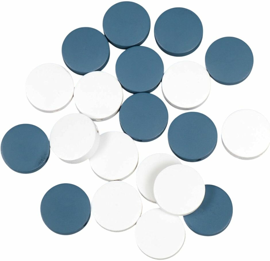 Бусины деревянные 15 мм "Плоский круг" для творчества, набор бусинок из дерева для рукоделия и украшений, бусинки круглые пришивные из дерева - 20 штук, цвет белый серо-синий