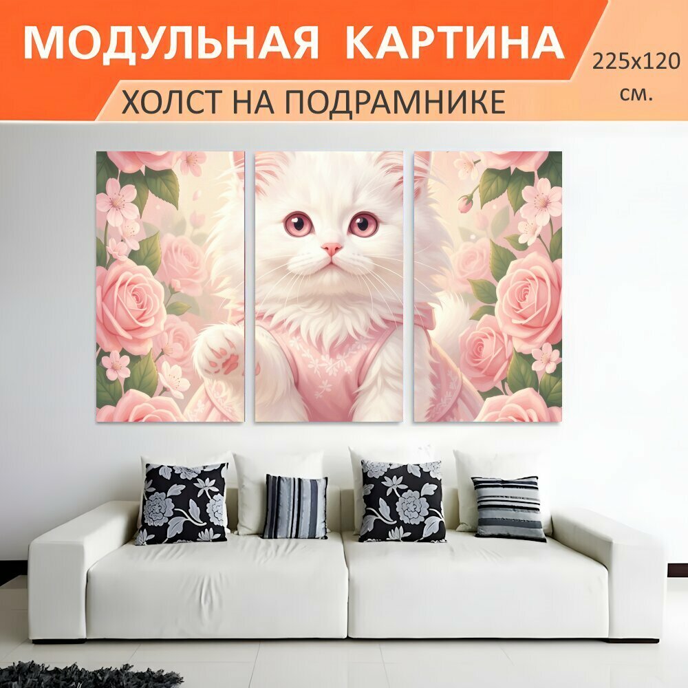 Модульная картина на холсте "Белый котёнок среди роз. Нежный сказочный образ пушистого светлого котёнка в розовом платьице." триптих на подрамнике 225х120 см. для интерьера