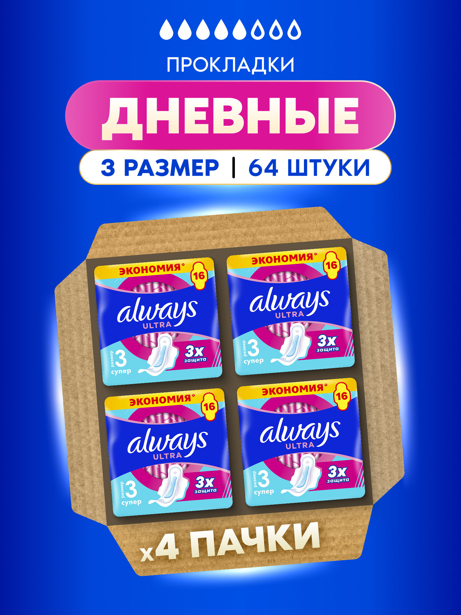 Женские гигиенические Прокладки с крылышками Always Ultra Супер, размер 3, 64 шт.