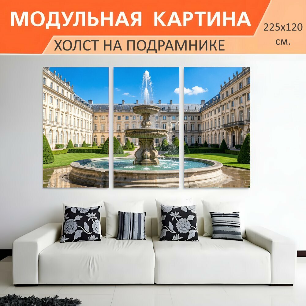 Модульная картина на холсте "Дворцовый двор с фонтаном. Элегантный исторический ансамбль с симметричными фасадами, ухоженным партером." триптих на подрамнике 225х120 см. для интерьера