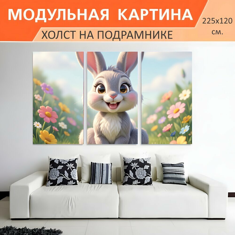 Модульная картина на холсте "Милый веселый мультяшный зайчик" триптих на подрамнике 225х120 см. для интерьера