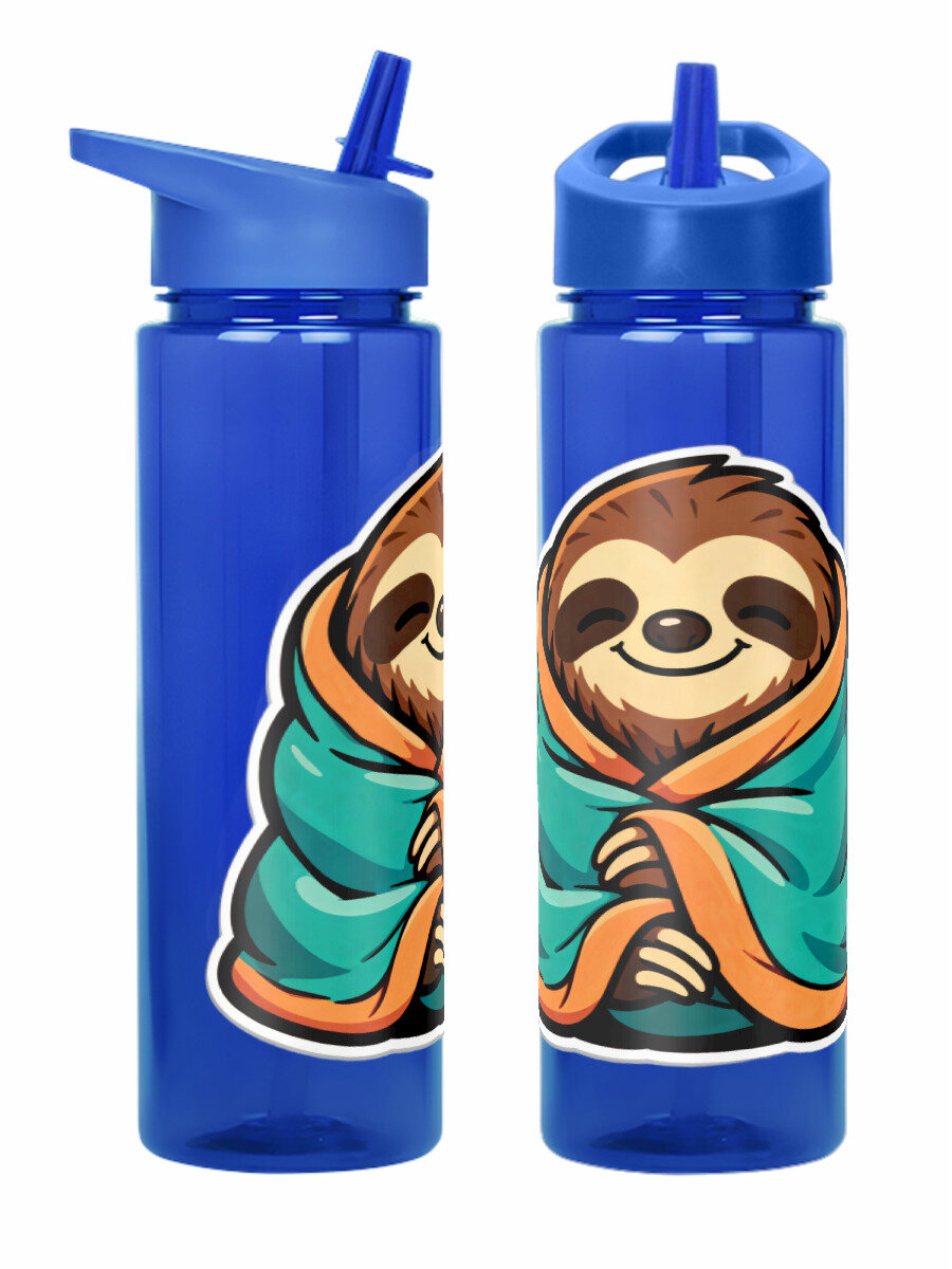 Бутылка синяя для воды с принтом Cozy Sloth милый ленивец в пледе