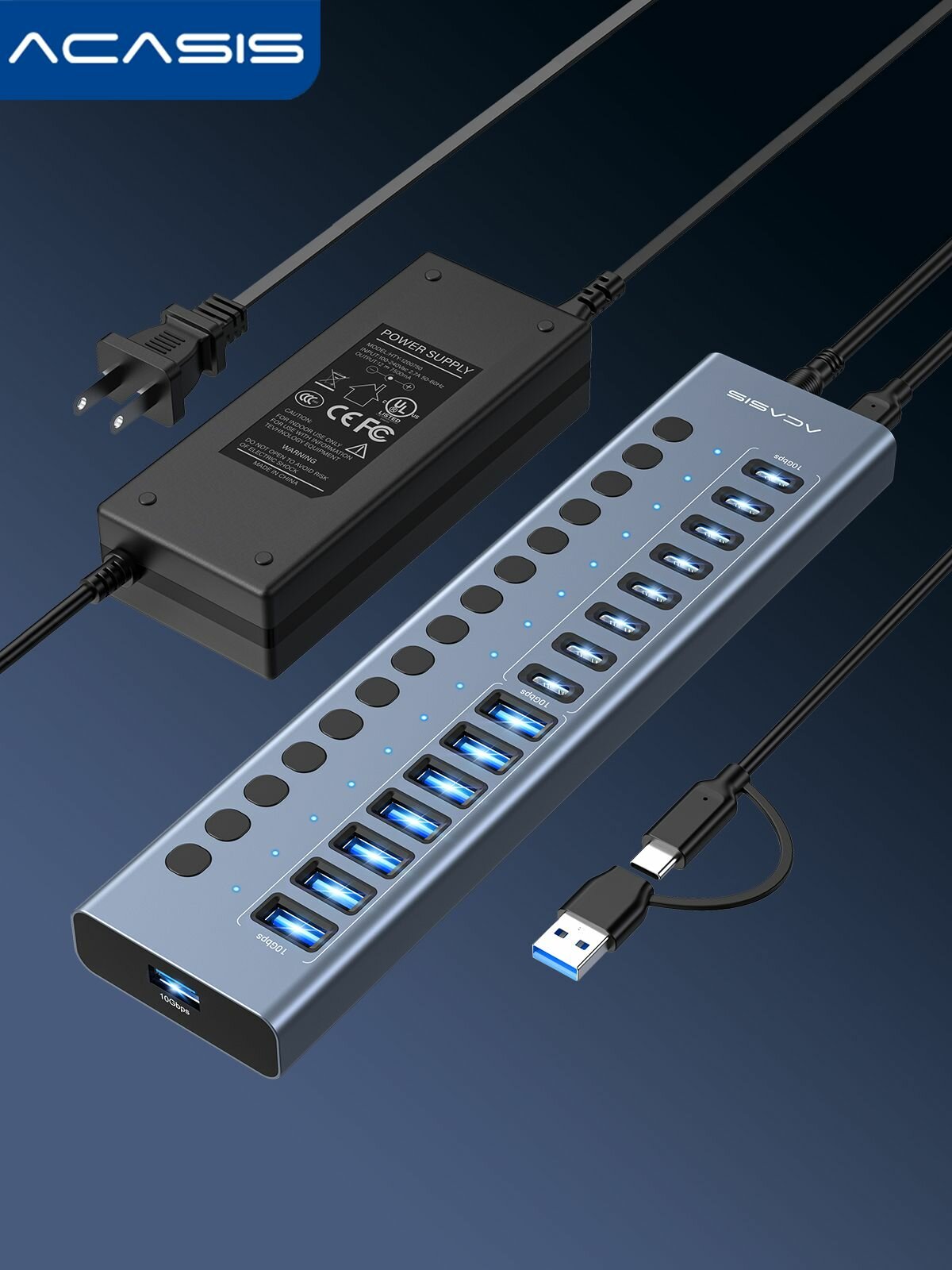 USB-хаб ACASIS на 16 портов 10 Гбит/с USB 3.2 с питанием, 8 USB-A и 8 USB-C