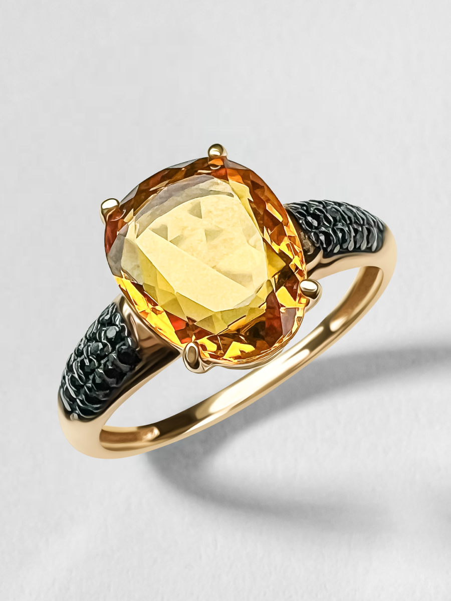 Кольцо, серебро, 925 проба, золочение, цитрин