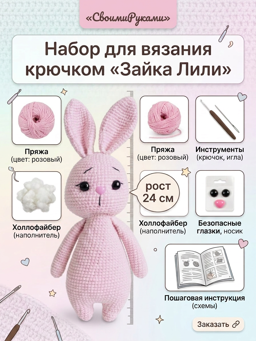 Набор для вязания игрушки крючком амигуруми зайки Лили