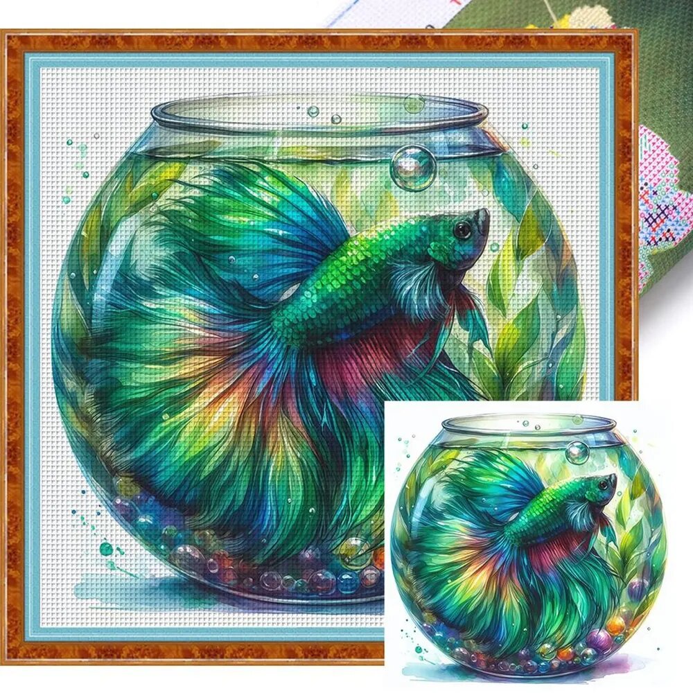 Крестиком вышивка Золотые рыбки на хлопковой канве 11CT, 50 50 см