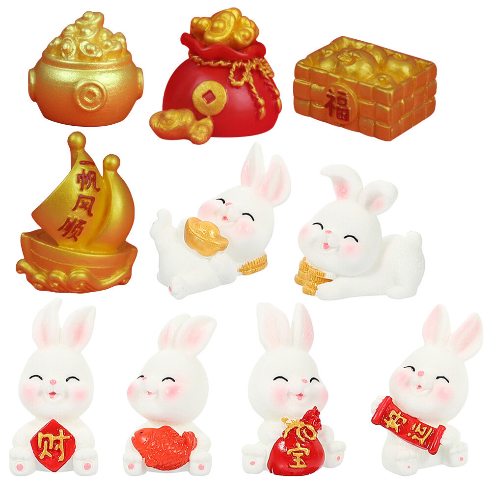 Миниатюрные смоляные кролики-талисманы на удачу в год Кролика (набор: кролик + золотая парусная лодка + мешочек удачи + золотая корзина с фруктами + золотой слиток) 10 шт.