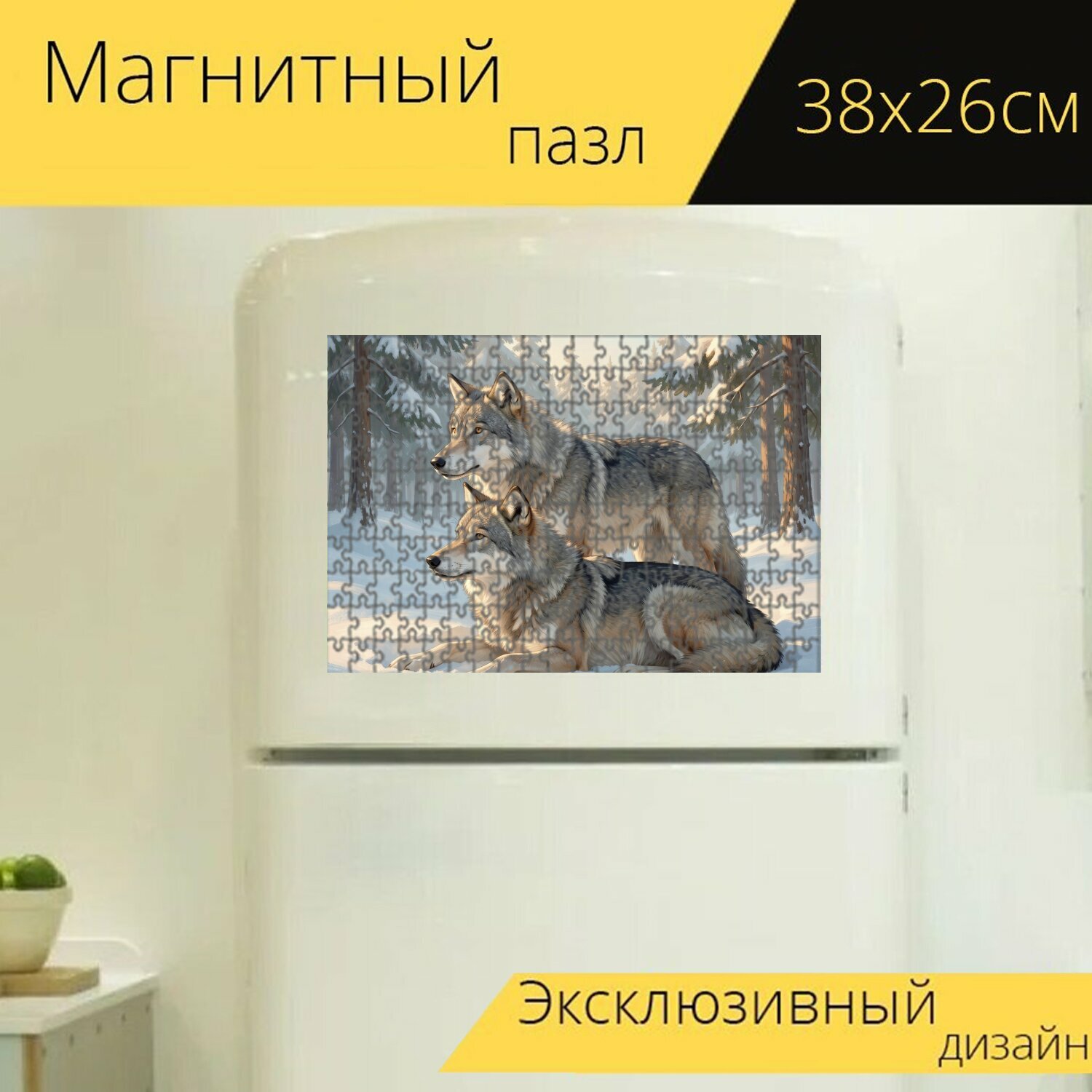 Магнитный пазл "Волки в зимнем лесу. Два серых хищника отдыхают на пушистом снегу среди заснеженных елей, мягкий утренний свет, пастельные голубые и бежевые." для интерьера, 38х26 см.