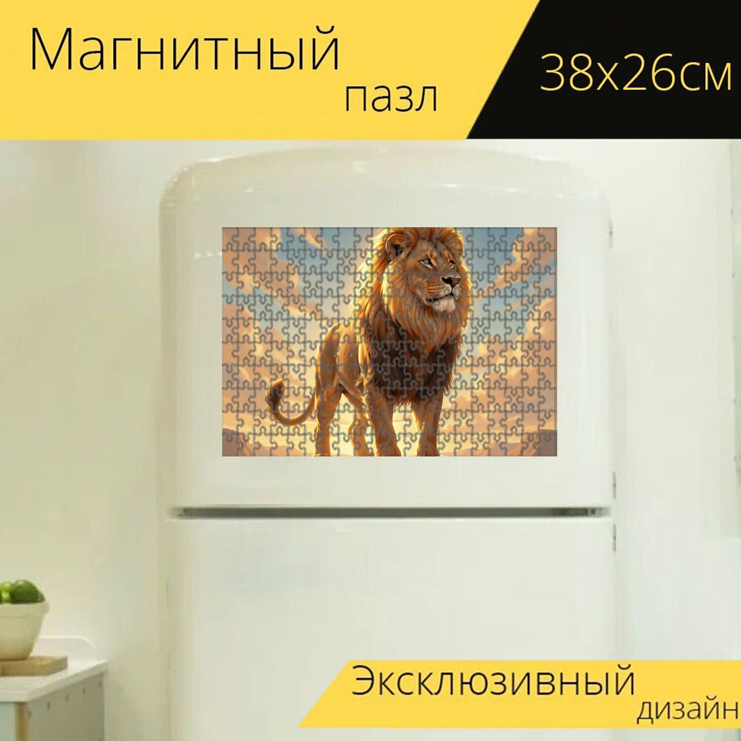 Магнитный пазл "Лев на скале на закате. Величественный царь зверей стоит на каменном уступе среди гор, золотистая грива светится в лучах вечернего неба." для интерьера, 38х26 см.