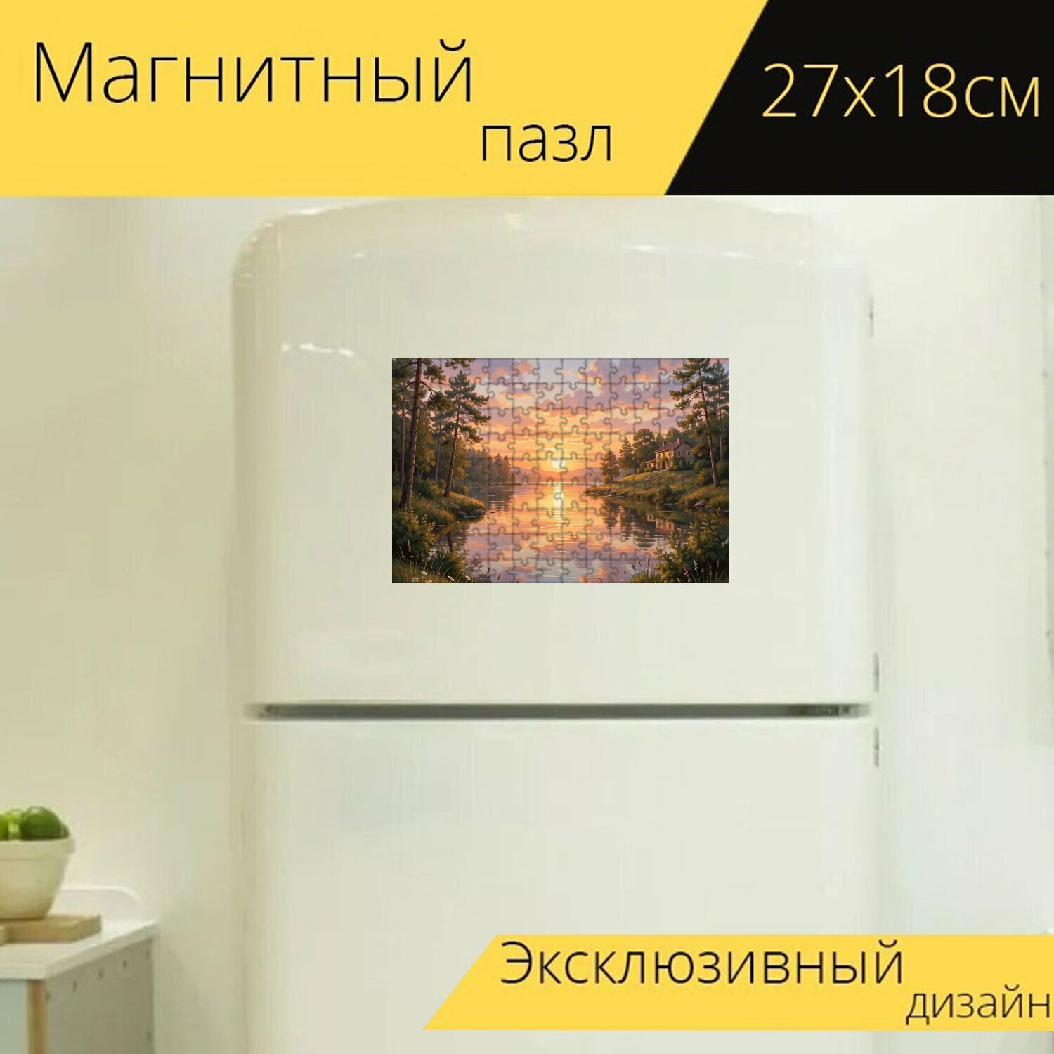 Магнитный пазл "Лесное озеро с домом на закате. Живописный вечерний пейзаж: спокойная река среди сосен, уютный коттедж на берегу, отражение солнца в." на холодильник 27 x 18 см.